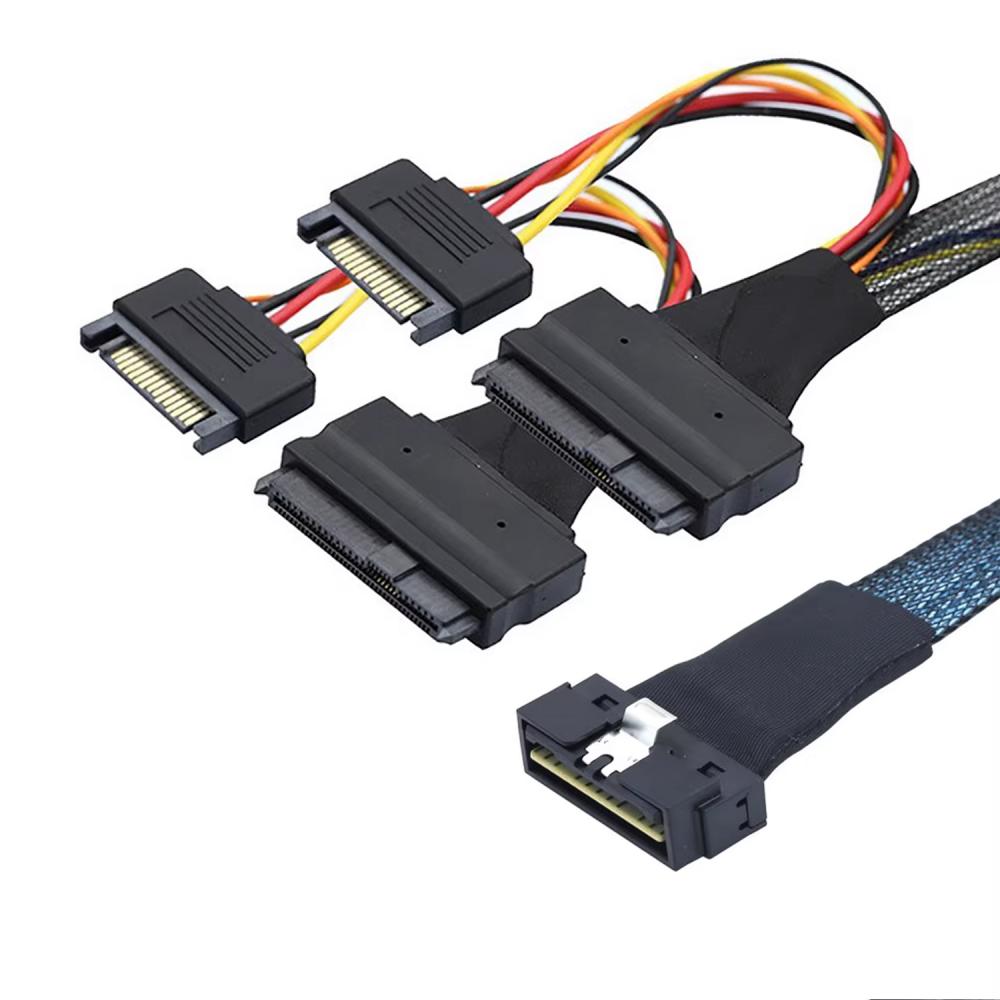 Low Profile SlimSAS SFF-8654 8x 74P to 2 U.2 SFF-8639 with 15P Power Cable