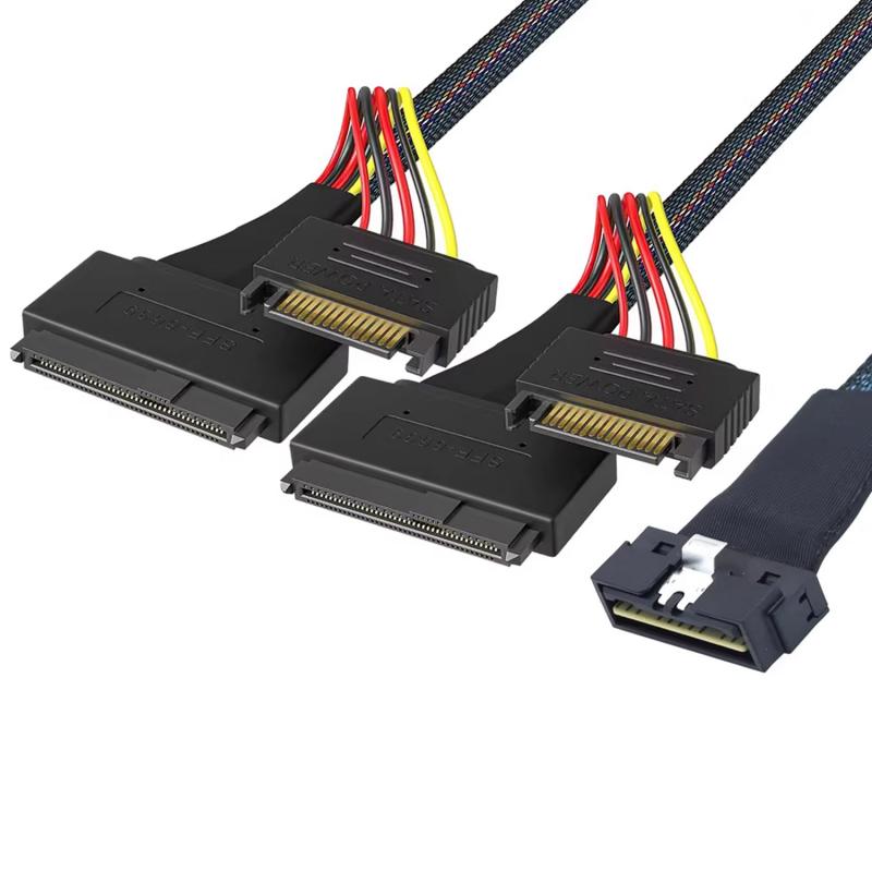 Low Profile SlimSAS SFF-8654 8x 74P to 2 U.2 SFF-8639 with 15P Power Cable